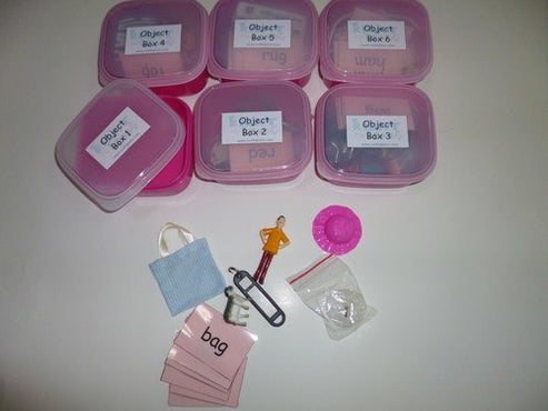 Montessori Pink Scheme - Phonics - 6 Object Boxes with name tags ...